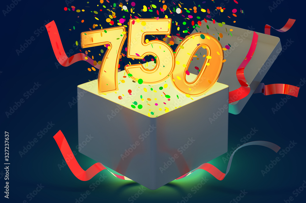 Number 750 inside gift box with confetti and shiny light, 3D rendering ...