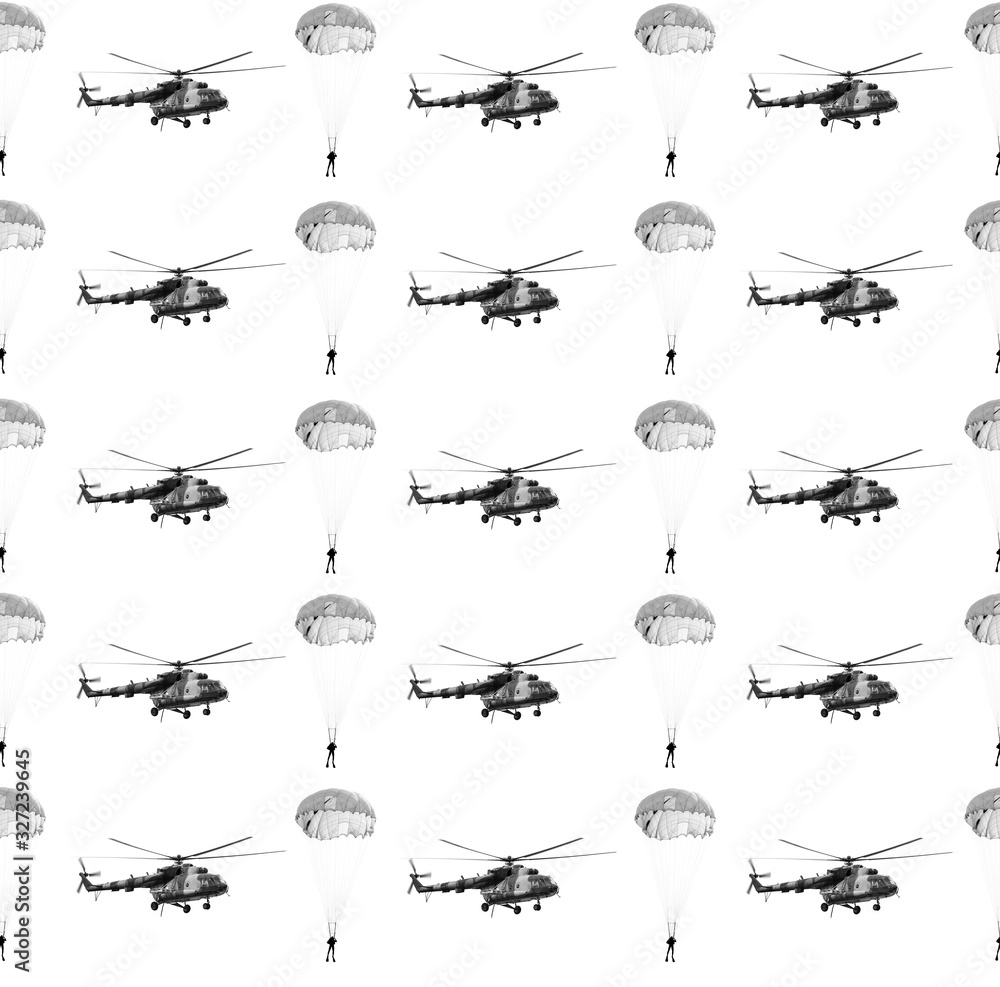 Seamless pattern with military helicopters and paratroopers Stock Photo ...