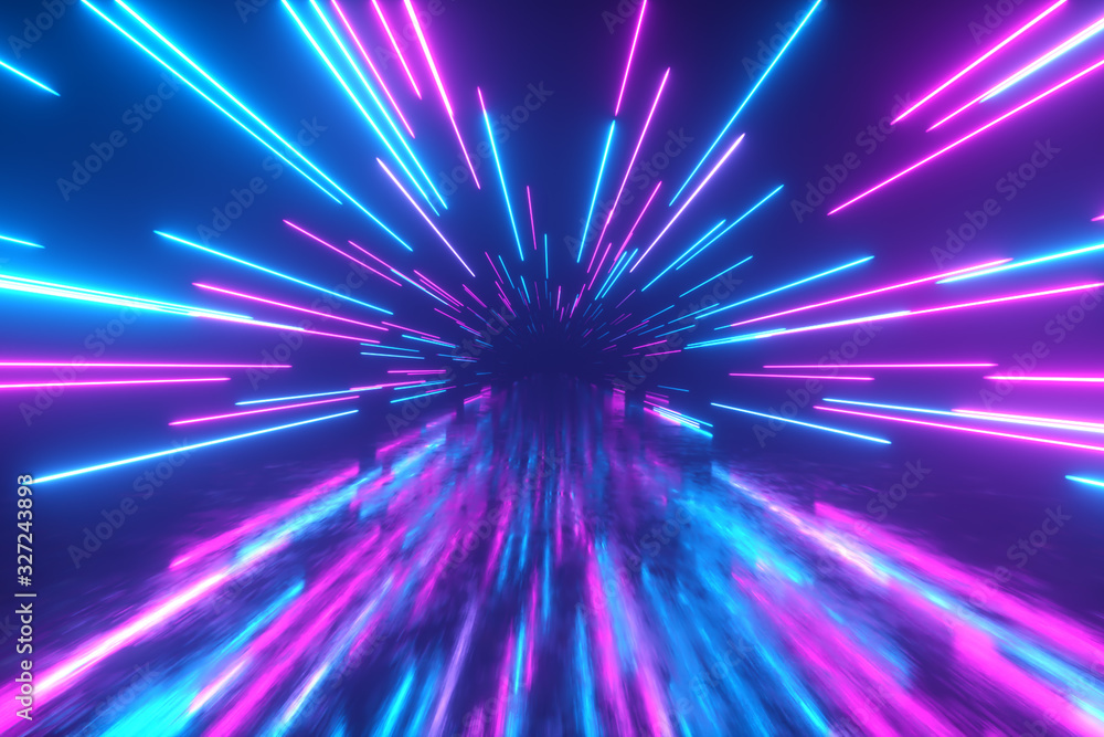 Flying in space with luminous neon lines. Hyperspace. Modern ...