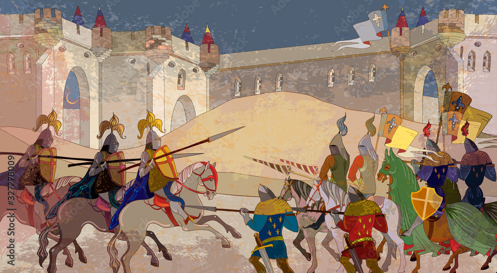 Medieval battle scene. Riders, archers. Fight at the ancient castle ...