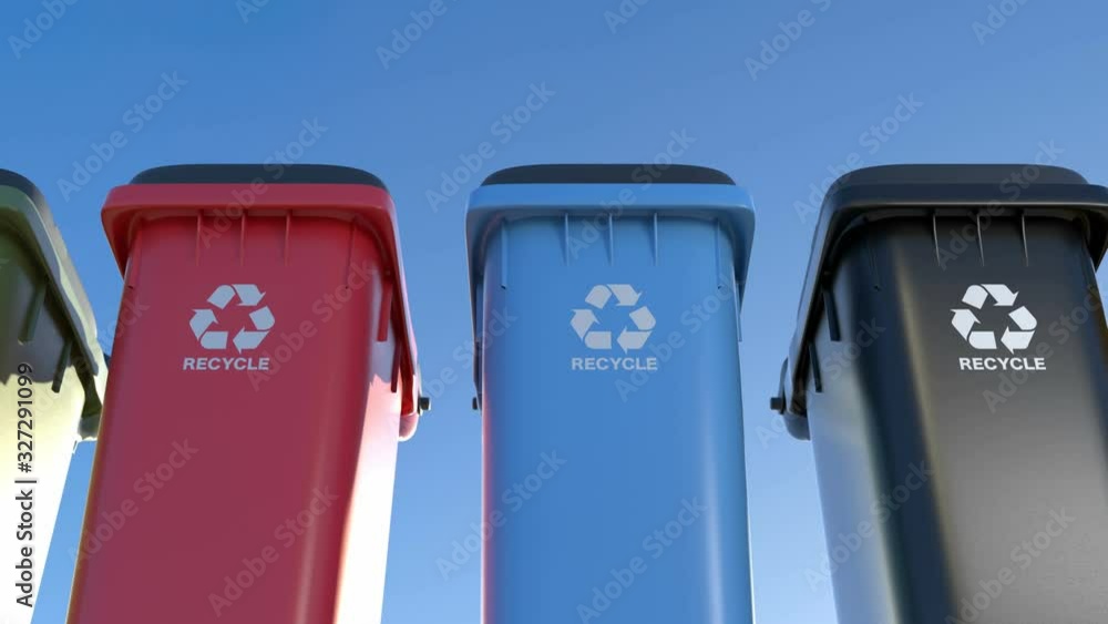 Vídeo do Stock: Colorful plastic trash cans with recycling logo. Loop ...