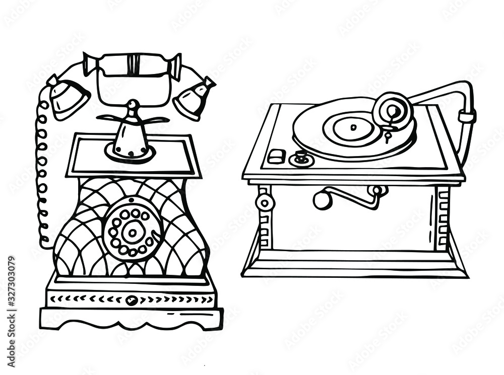 Retro telephone and gramophone of 1920. Art Deco. Line art. Stock ...