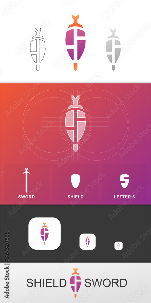 Concept shield sword logo. The icon features 3 key elements, S letter ...