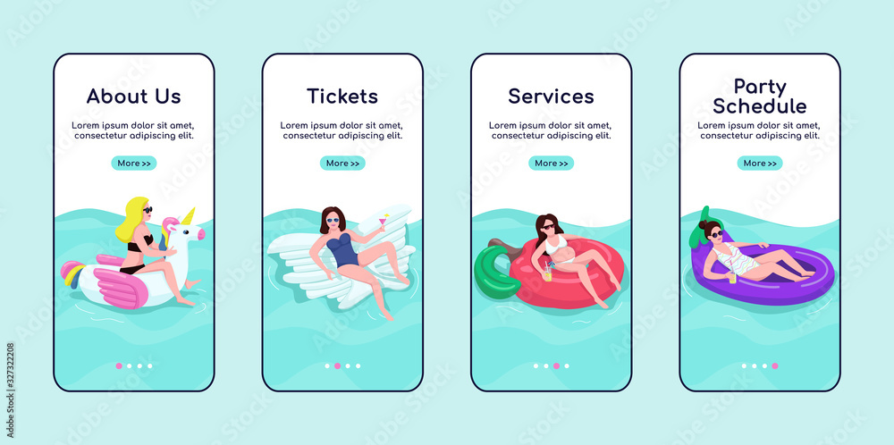 Pool party services onboarding mobile app screen flat vector template ...