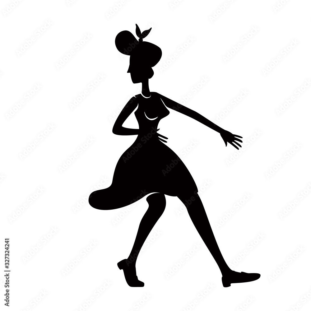 Old fashioned lady dancing black silhouette vector illustration. 1940s ...