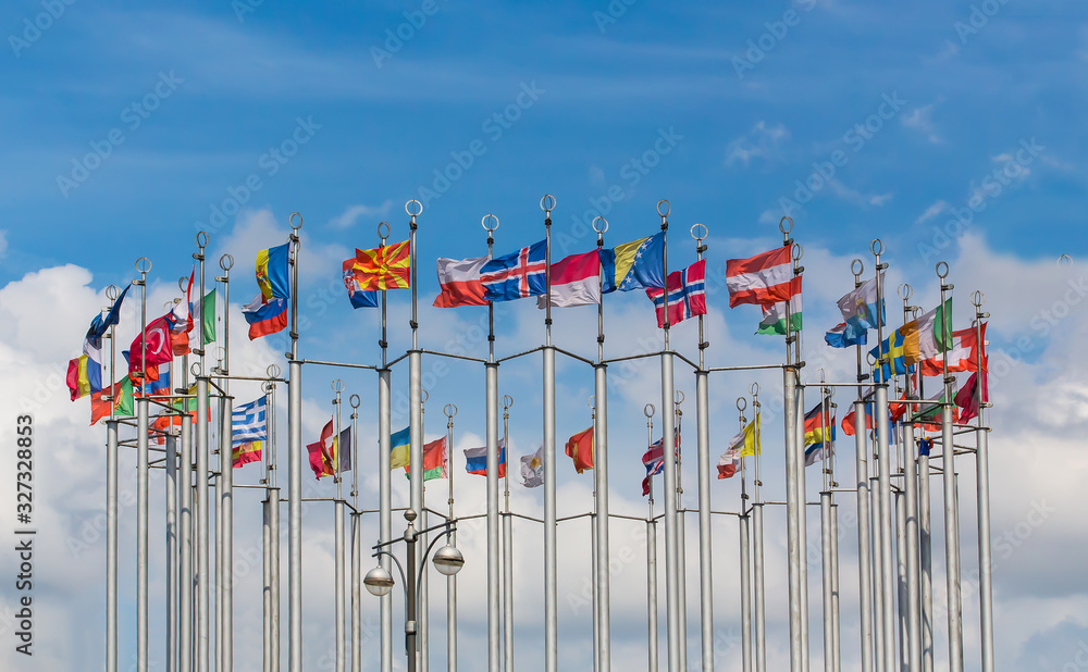 Flags of European countries on flagpoles Stock Photo | Adobe Stock