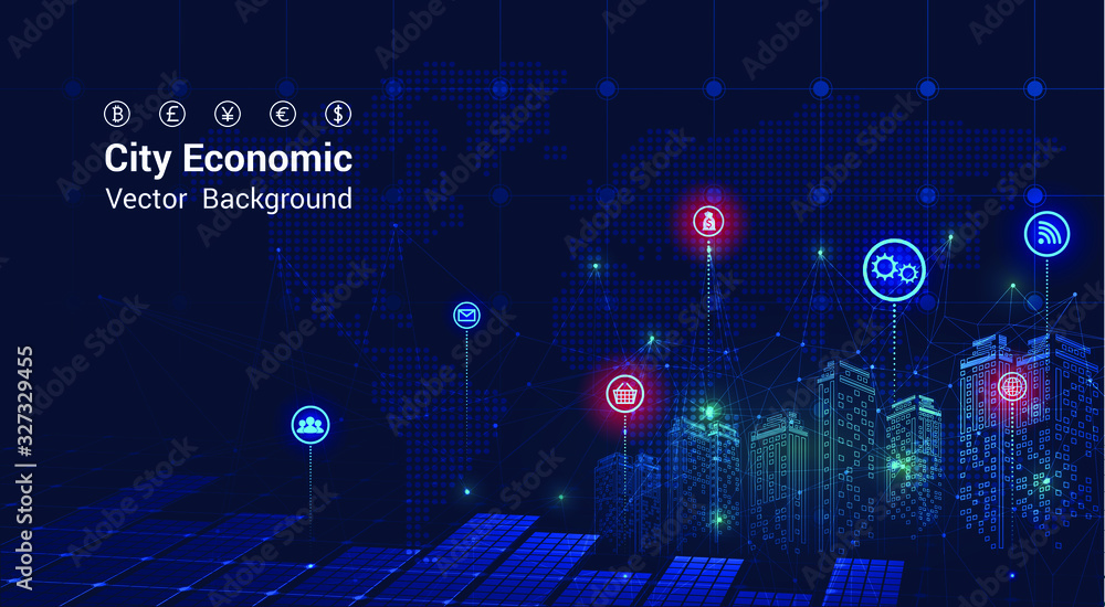 City background Financial graph on night city scape with tall buildings ...