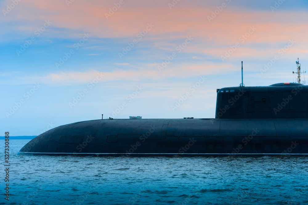 Submarine close-up. Submarine on the background of the evening sky ...