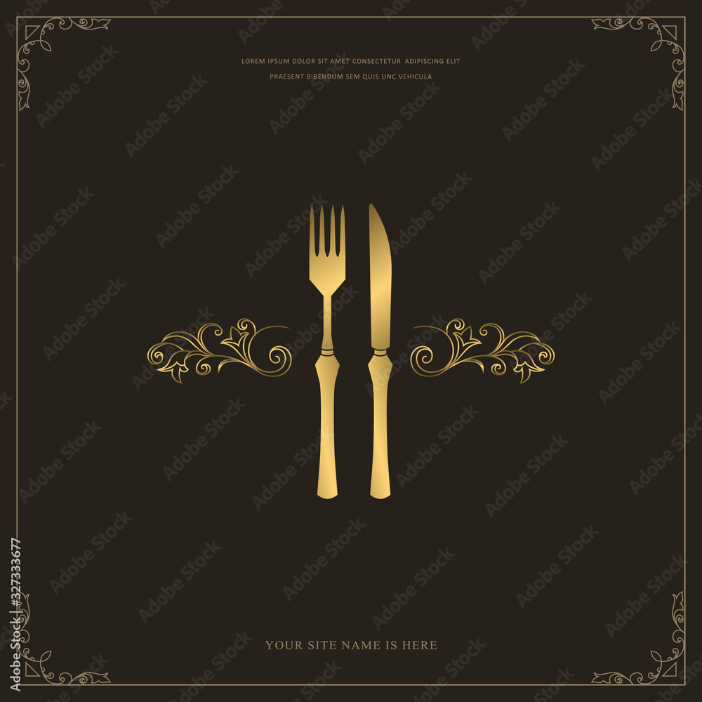 Luxury Restaurant Menu Logo Template. Golden Cutlery. Elegant Drawn ...