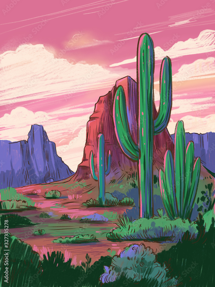 Color sketch of the desert of America with cacti. Arizona desert ...