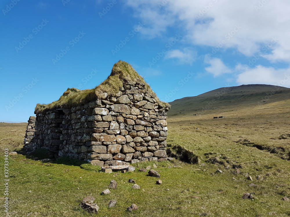 Grassroof house ocean stone wall faroe islands mykines Stock Photo ...