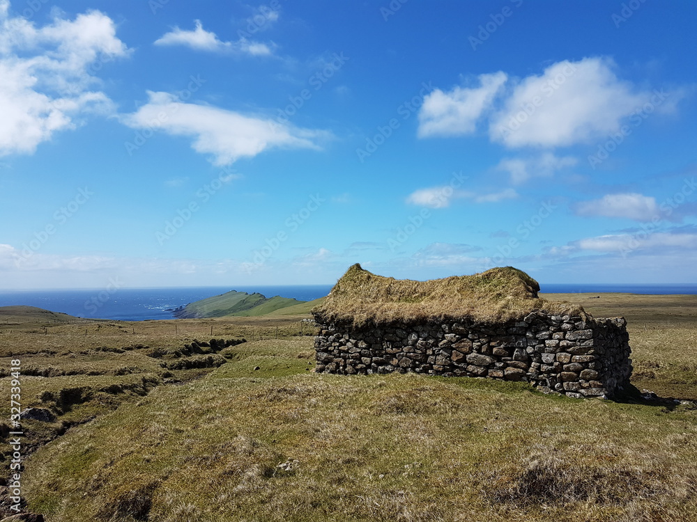 Grassroof house ocean stone wall faroe islands mykines Stock Photo ...