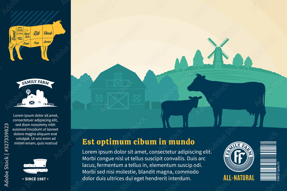 Vector beef illustration. Rural landscape with cows, calves and farm ...