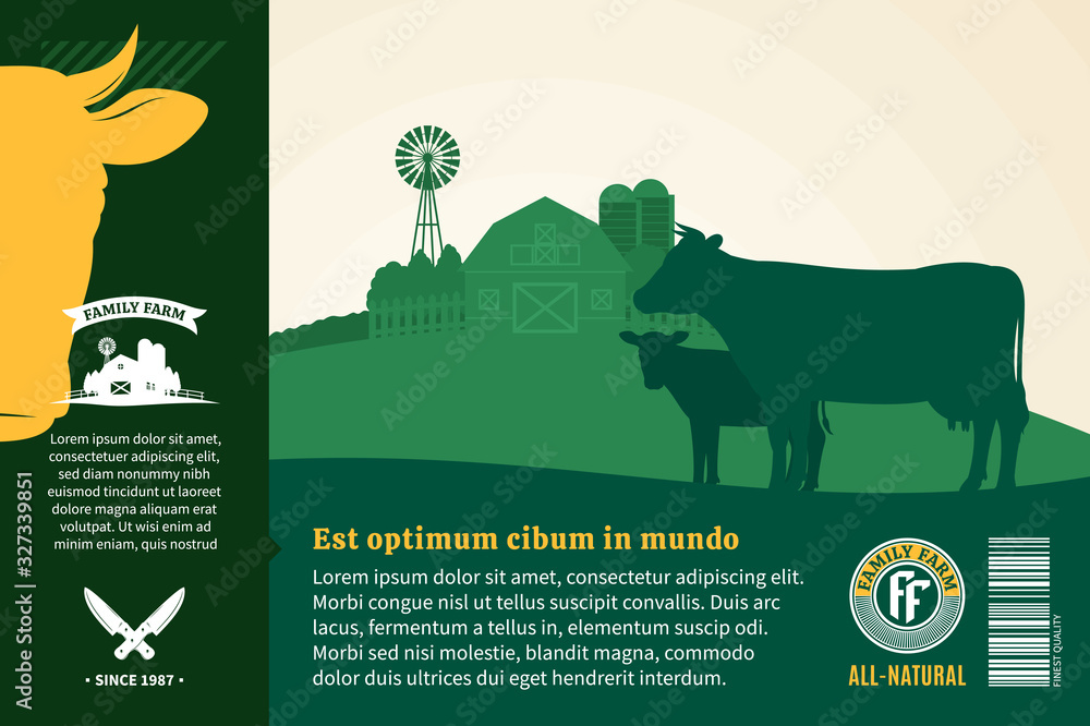 Vector fresh beef packaging or advertising design elements. Rural ...