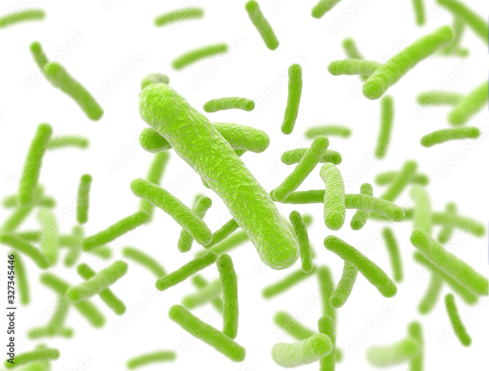 Green bacteria cells flowing isolated on white background. 3d ...