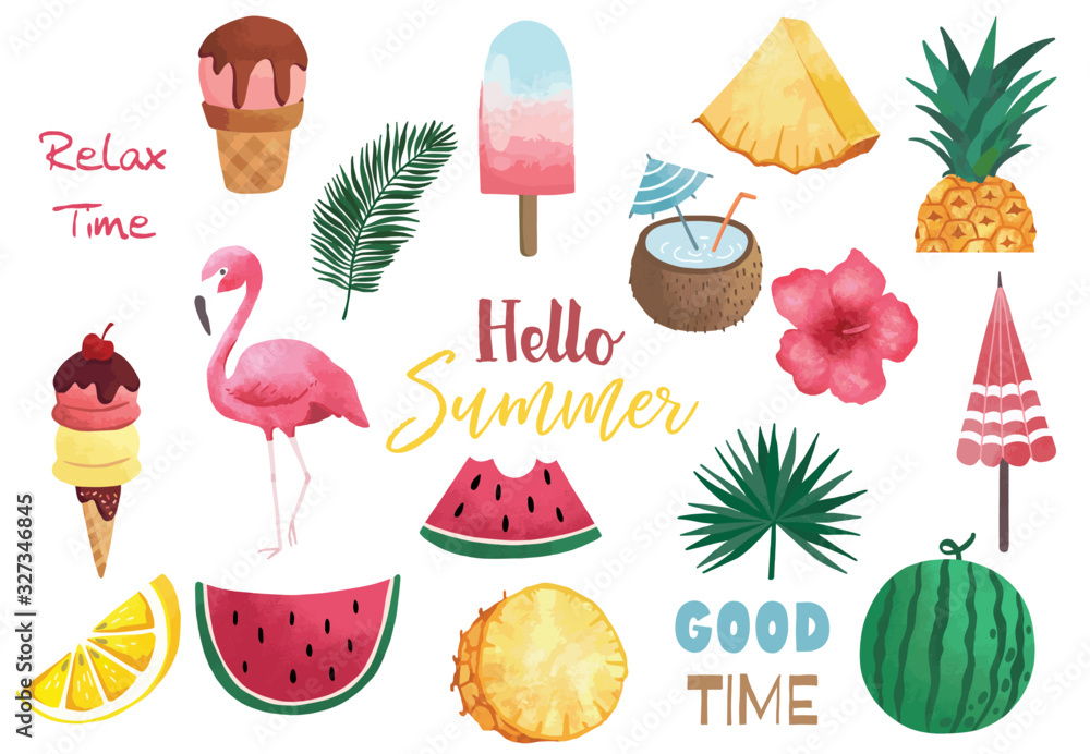 Summer watercolor collection with watermelon,lemon,flamingo and ice ...