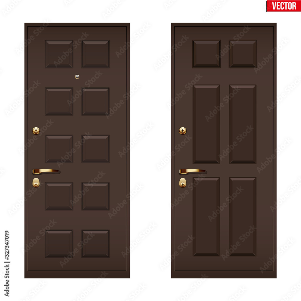 Set of Classic brown entrance doors. Outdoor view. Wooden door ...