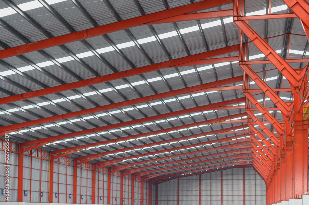 Roof steel beam structure in Industrial factory, Background of factory ...
