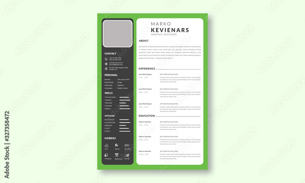 Simple Corporate Resume Template Design On Green Stock Vector | Adobe Stock