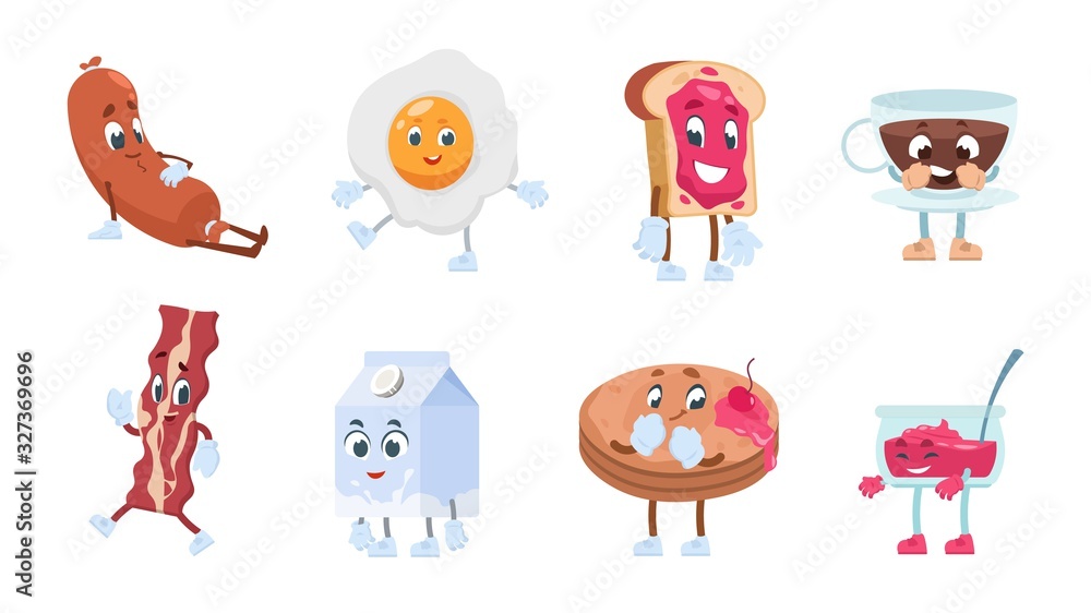 Breakfast characters. Breakfast food with cute kawaii faces, toast eggs ...