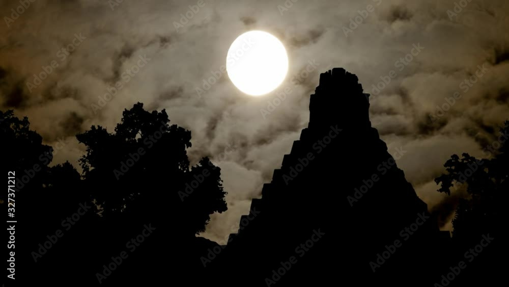 Tikal, Mayan Pyramid by Night With Full Moon and Dark Silhouette of ...