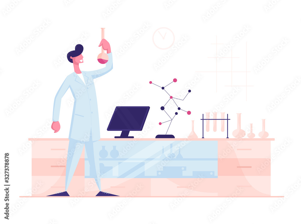 Man Scientist Wearing White Coat Holding Beaker Conducting Chemical ...