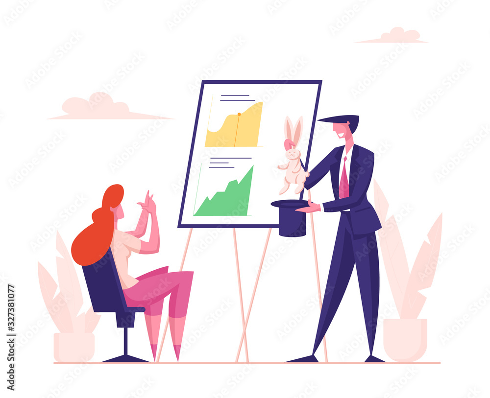 Businessman Pulling Rabbit Out of Topper Hat Showing Trick to Business ...