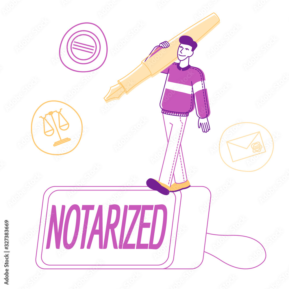 Notary Worker Stand on Huge Rubber Stamper with Quill Pen on Shoulder ...