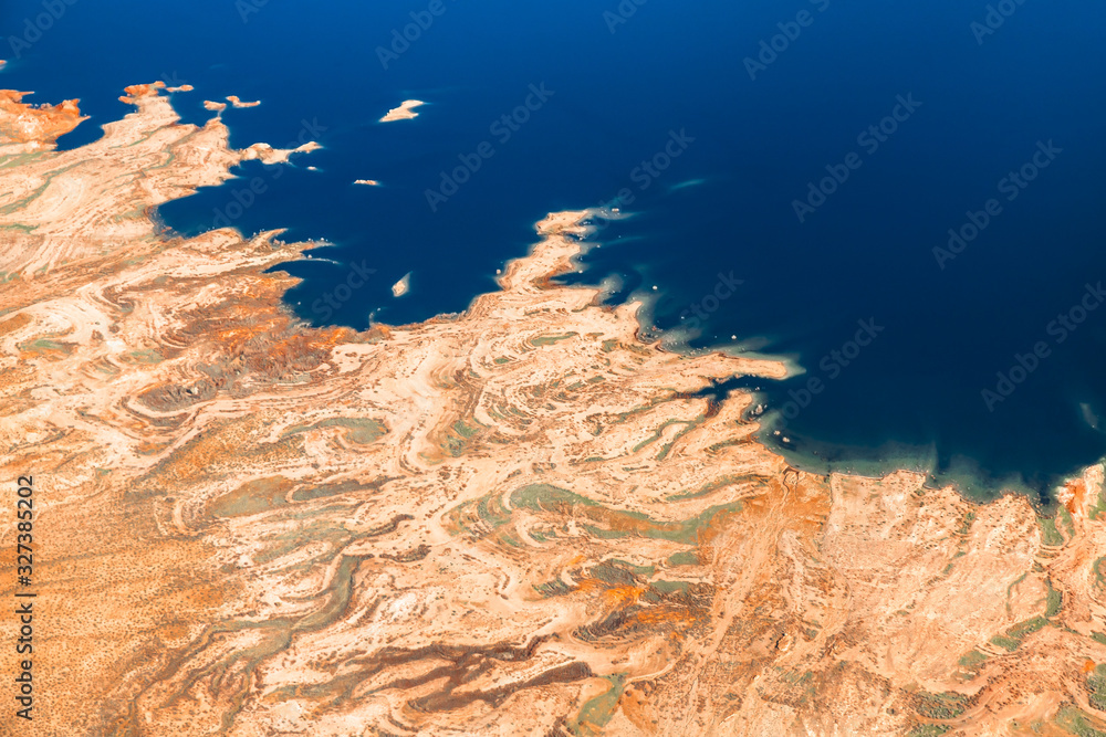 Aerial Photography of landforms over Nevada with Lake Mead in view ...