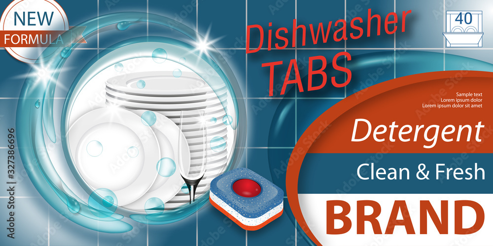 Dishwasher detergent tabs. Package design realistic with plates stack ...