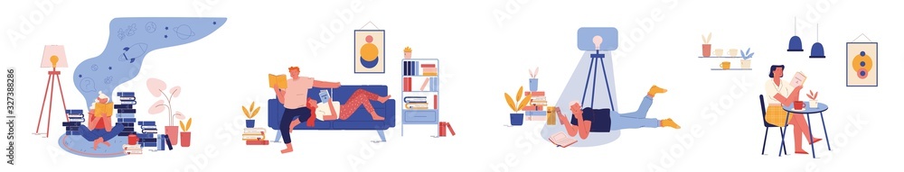 Set of People Reading Books. Happy Characters Weekend Sparetime at Home ...