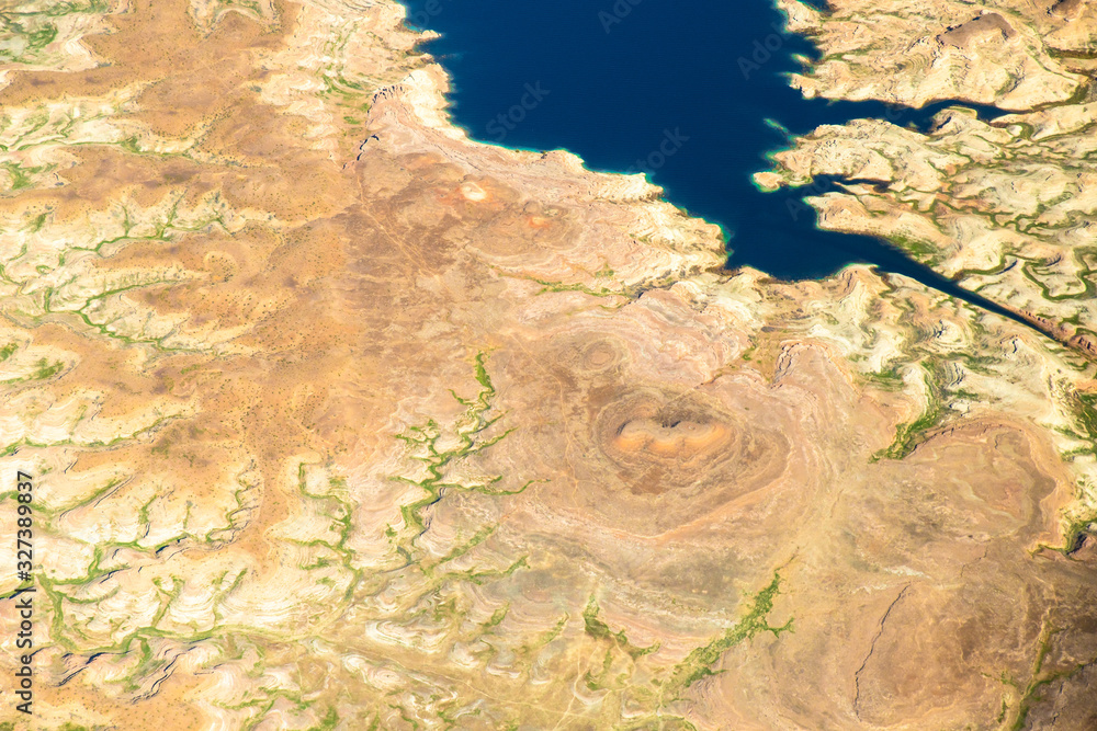 Aerial Photography of landforms over Nevada with Lake Mead in view ...