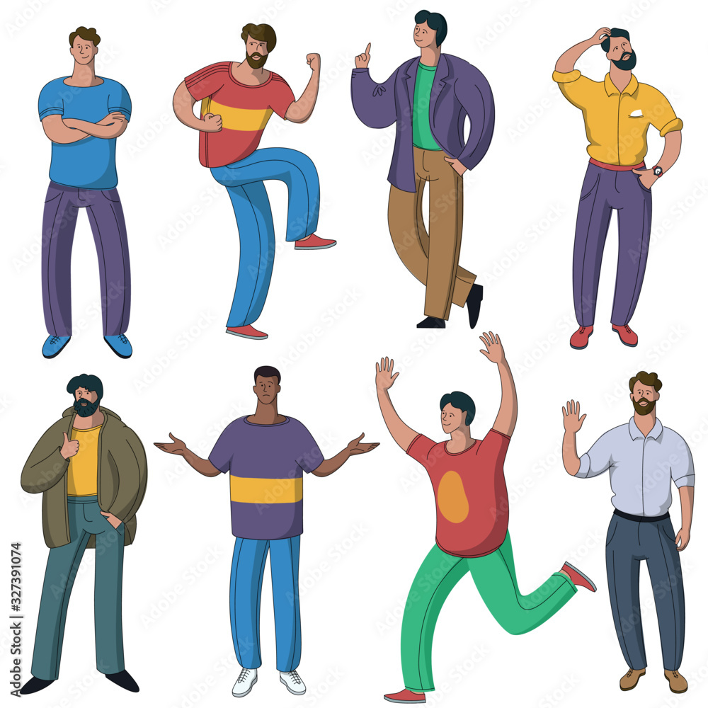 Set of vector men characters performing various activities. Group of ...