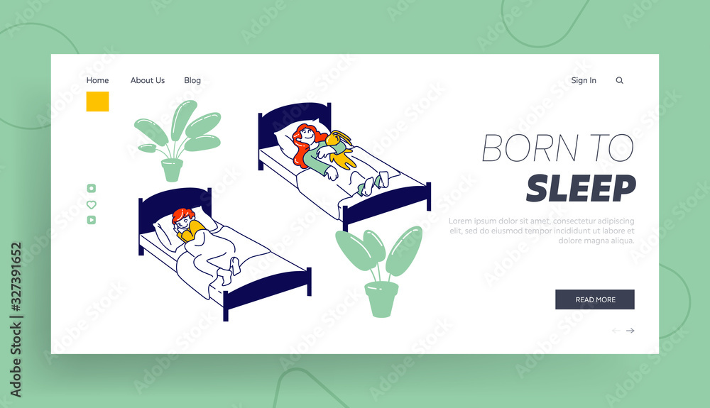 Vetor de Kids Rest and Relaxing, Snooze in Bedchamber Website Landing ...