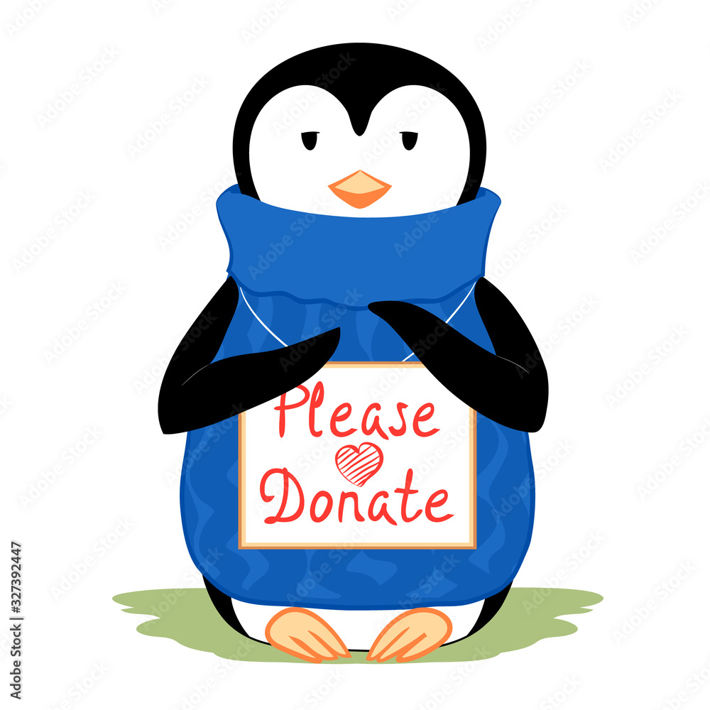 Cute penguin volunteer in blue sweater asking for donation with a ...