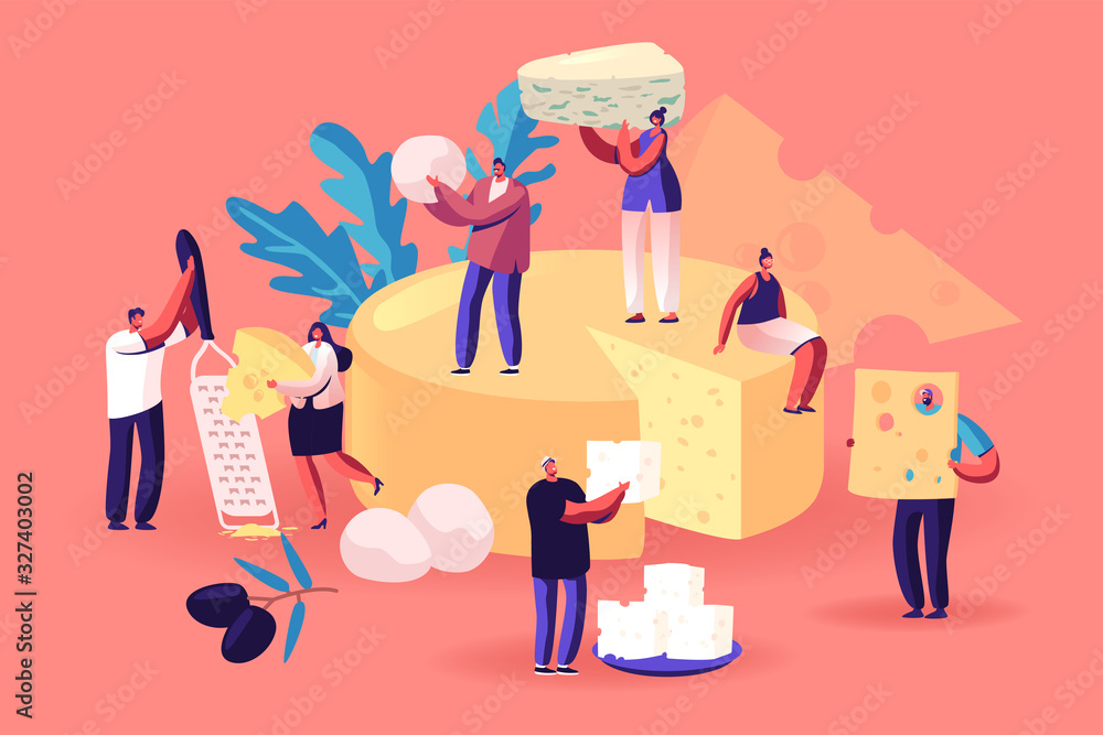 People Enjoying Eating Cheese Concept. Tiny Male and Female Characters ...