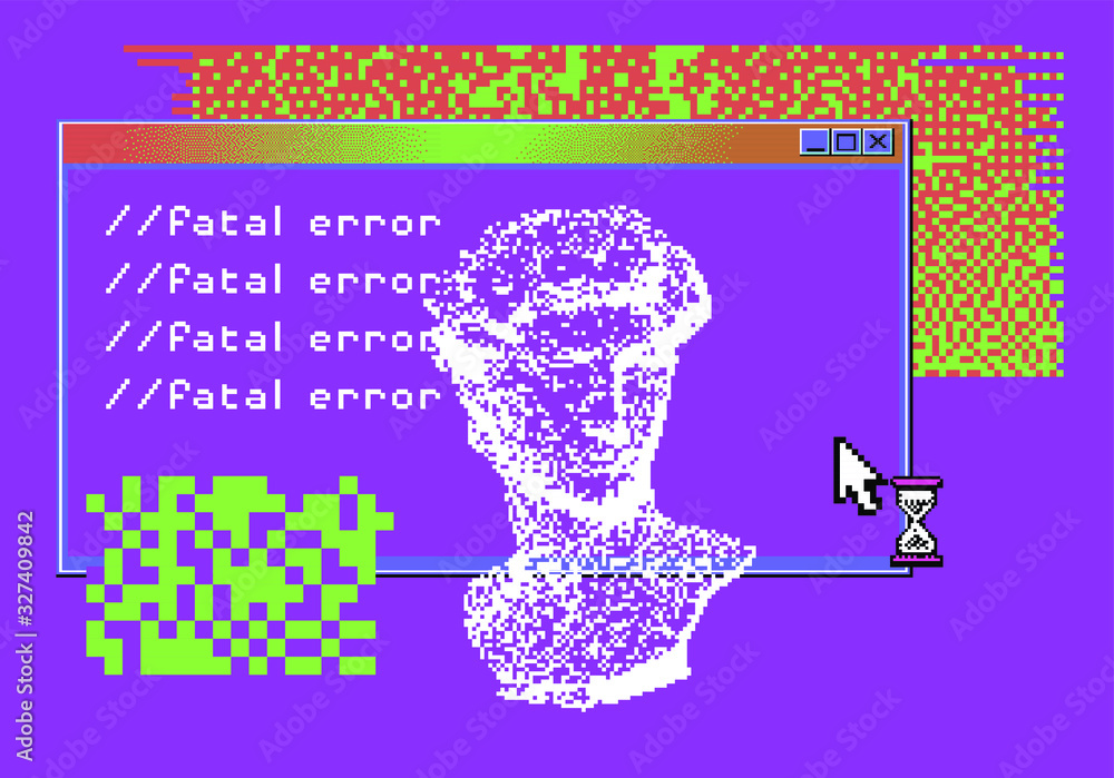Pixel art ilustration with retro 80's UI and UX elements. Vaporwave and ...