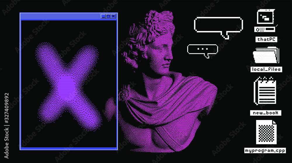 Pixel art ilustration with retro 80's UI and UX elements, statue of ...