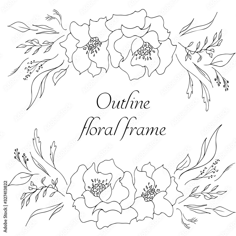 Outline hand drawn tropical flowers isolated on white. Retro flowers ...