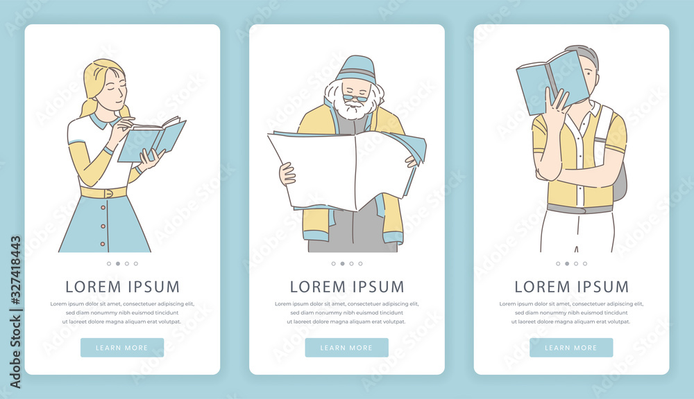 Reading and learning vector mobile app screens. People reading books ...