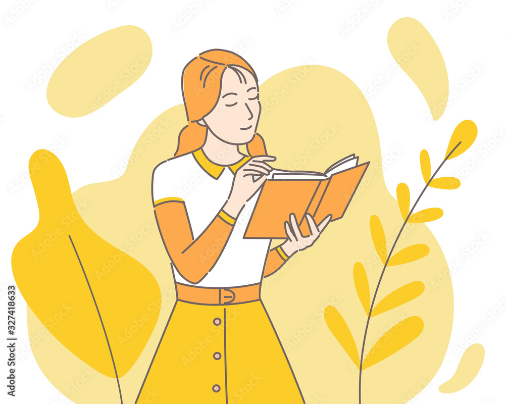 Girl reading paper book vector cartoon illustration. Woman enjoying ...