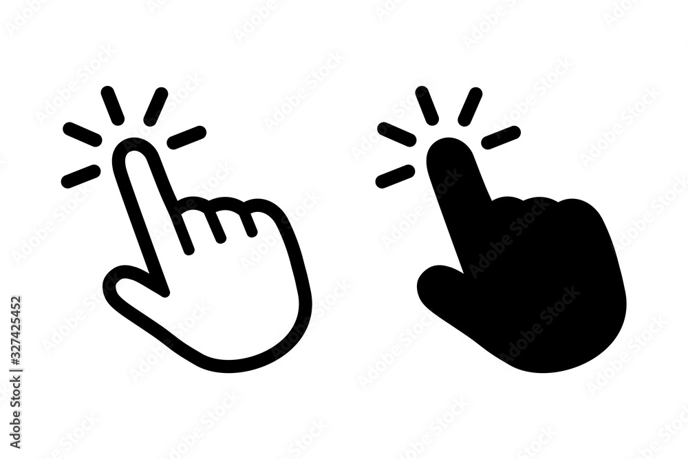 Vetor de Click button with hand pointer clicking. Click here web button ...