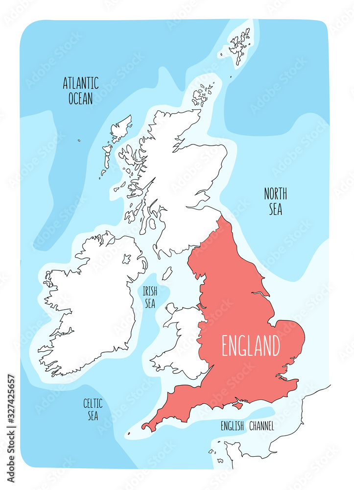Hand drawn map of England and the British Isles. Colorful hand drawn ...