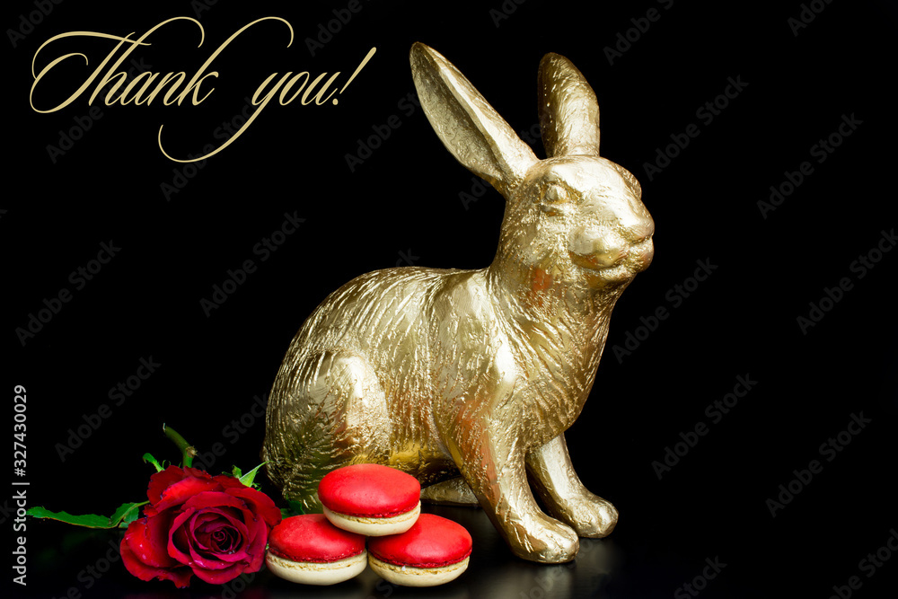thank you text with gold rabitt bunny red macaroons and red rose on ...