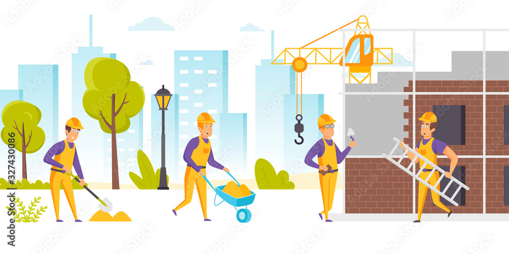 Group of builders in hard hats and uniform working on construction site ...