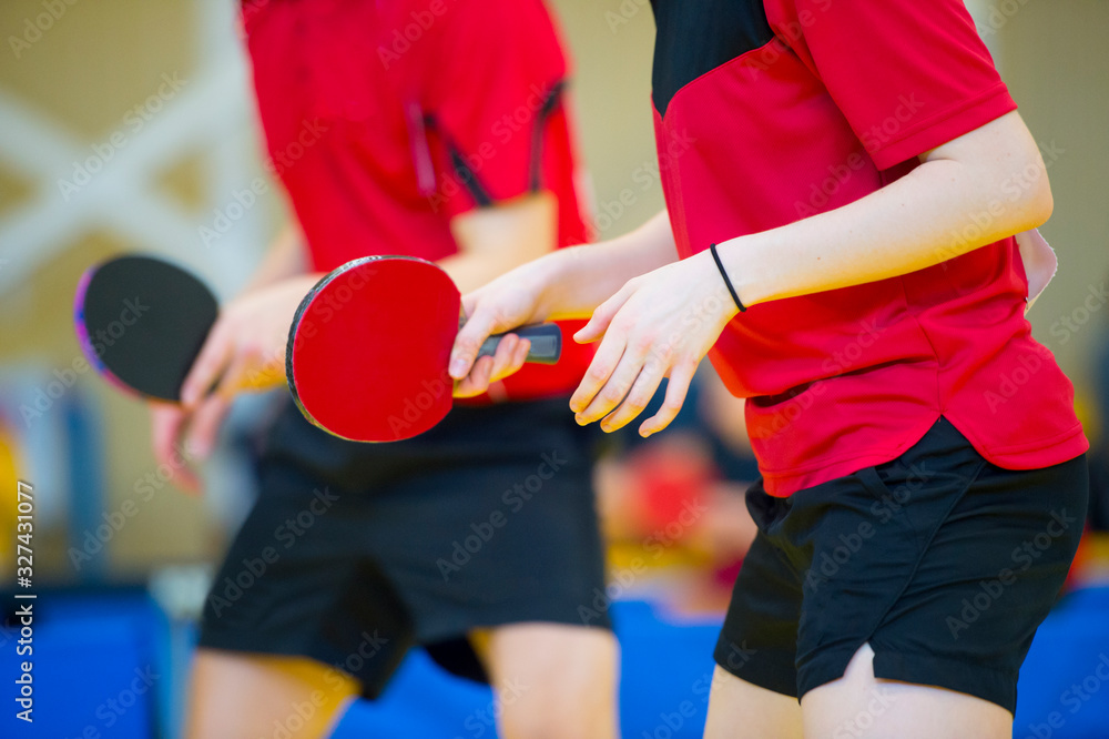 Ping pong table, woman and man playing table tennis with racket and ...