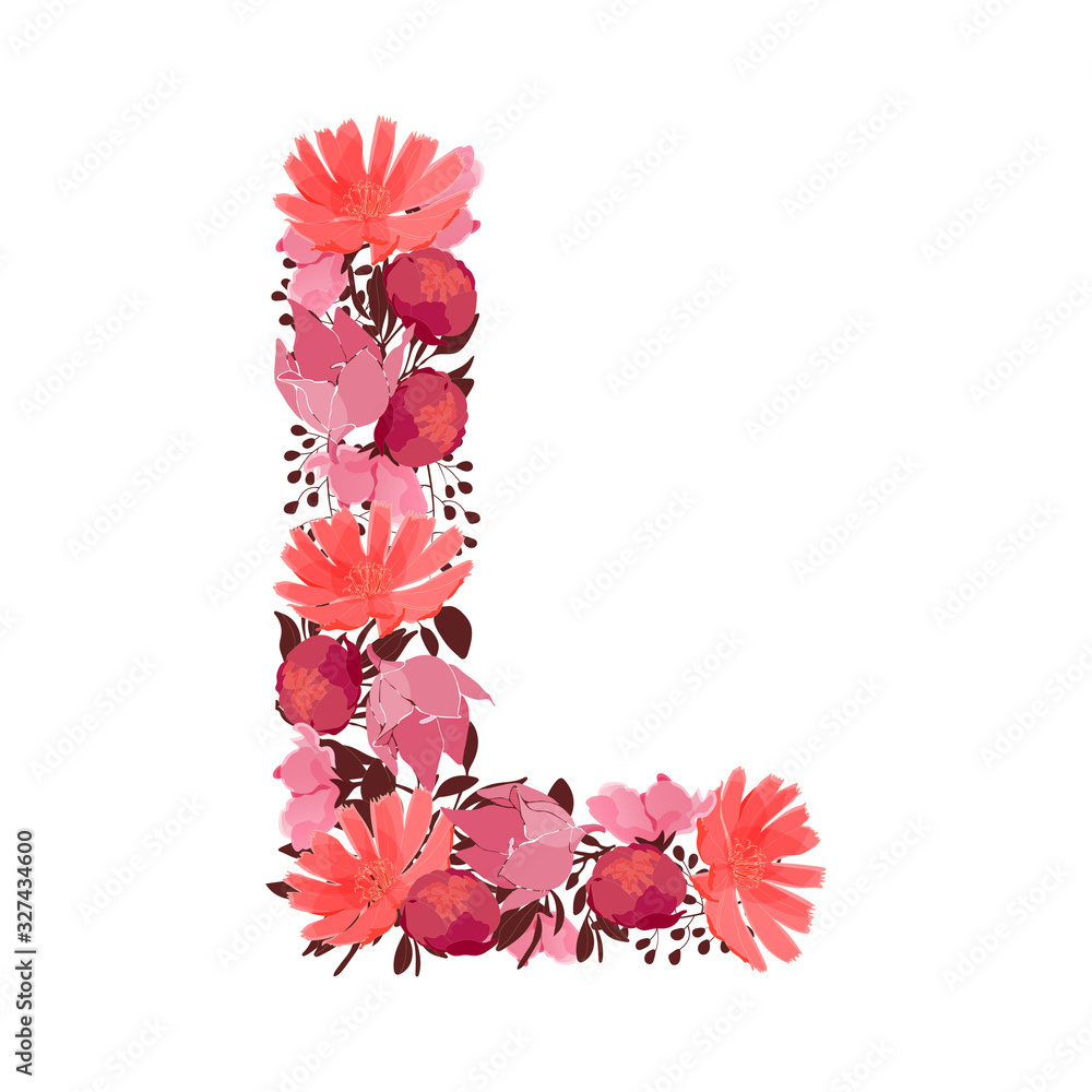 Vector floral letter, capital character L. Botanical monogram. Pink ...