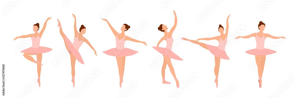 Poster Six ballet dancers standing in a flat design pose on a white ...