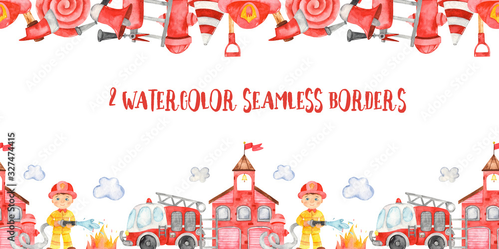 Watercolor seamless borders. Fire Department, fire truck, firefighter ...