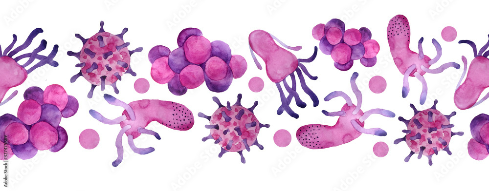 Hand drawn watercolor pink purple viruses and bacteria seamless ...